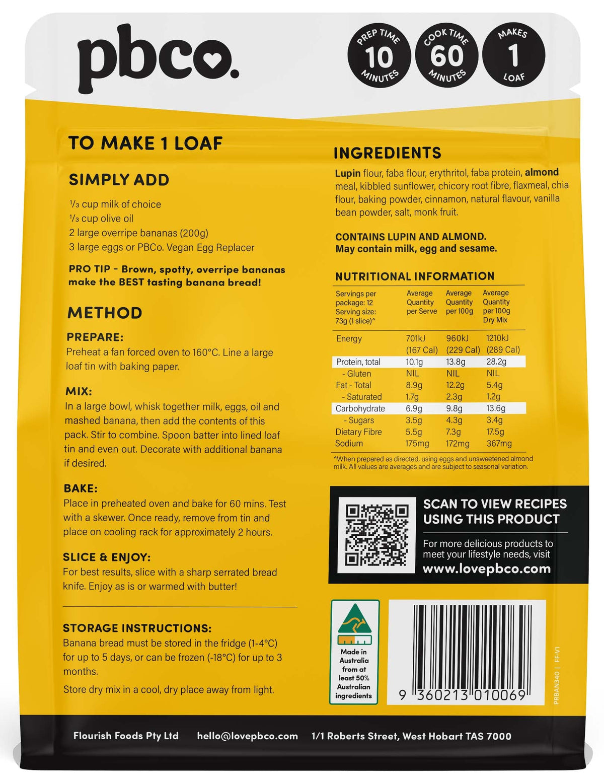 Pbco Protein Banana Bread Mix 340g Protein Ultra Low Carb